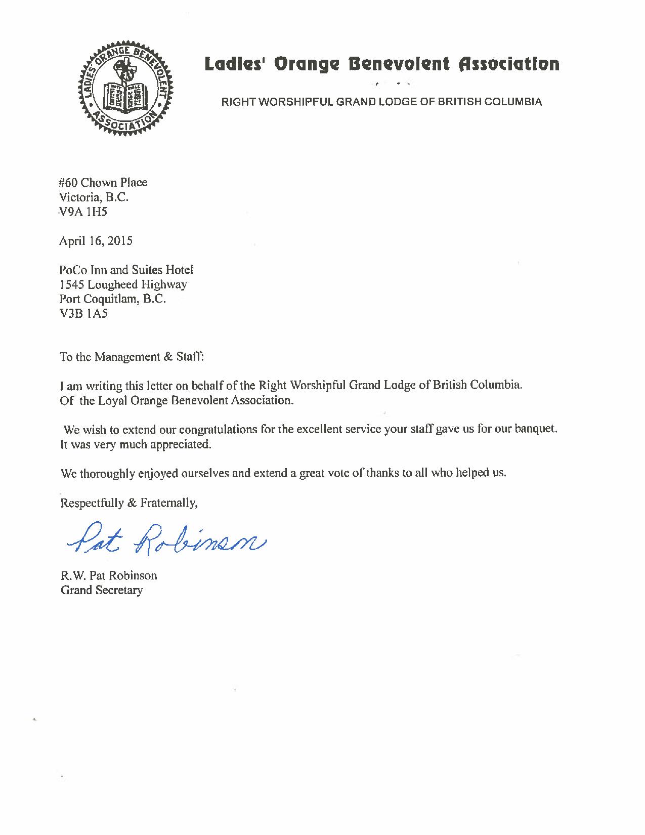 Thank You Note from Ladies' Orange Benevolent Association!